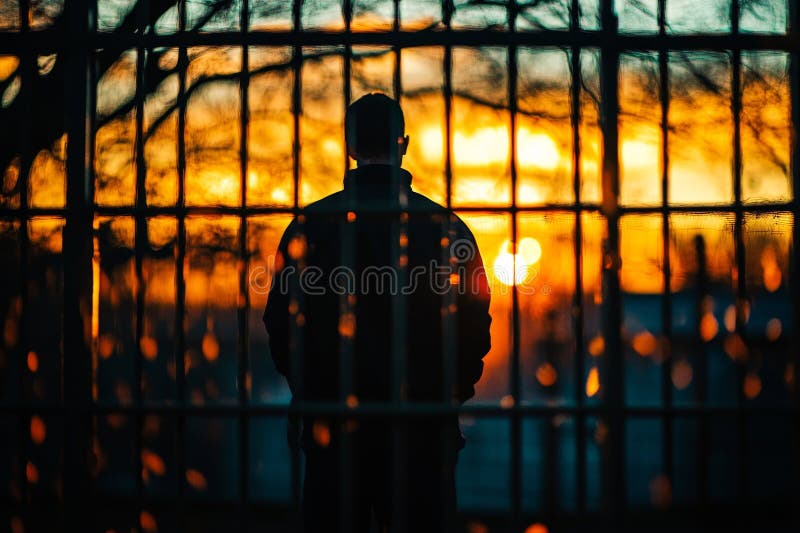Silhouetted Figure Behind Jail Bars at Sunset a Powerful Symbol of ...