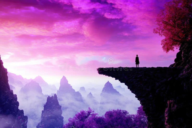 Silhouetted Figure on Cliff with Purple Landscape at Sunset Stock Photo ...