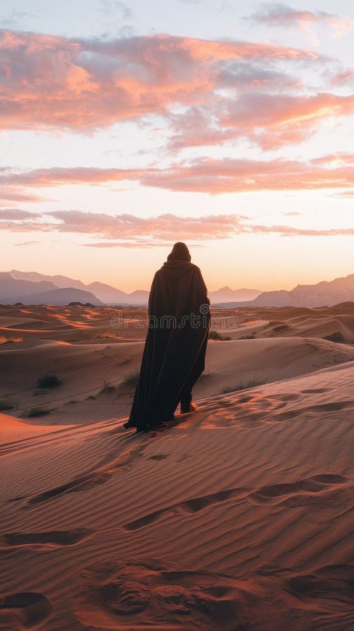 Silhouetted Figure in Desert at Sunset with Mountains in Background ...