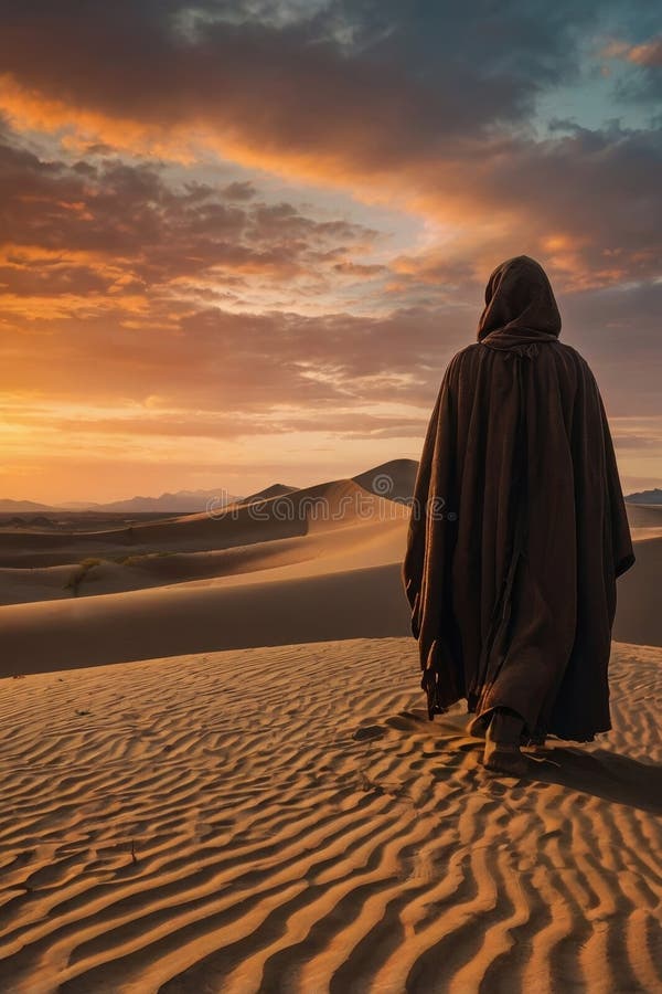 Silhouetted Figure in a Desert at Sunset or Sunrise Stock Illustration ...