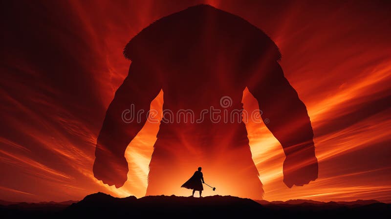 Silhouetted Figure Facing a Giant Imposing Shadow at Sunset, Creating a ...
