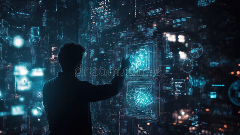 A Silhouetted Figure Interacts with a Futuristic Digital Interface ...