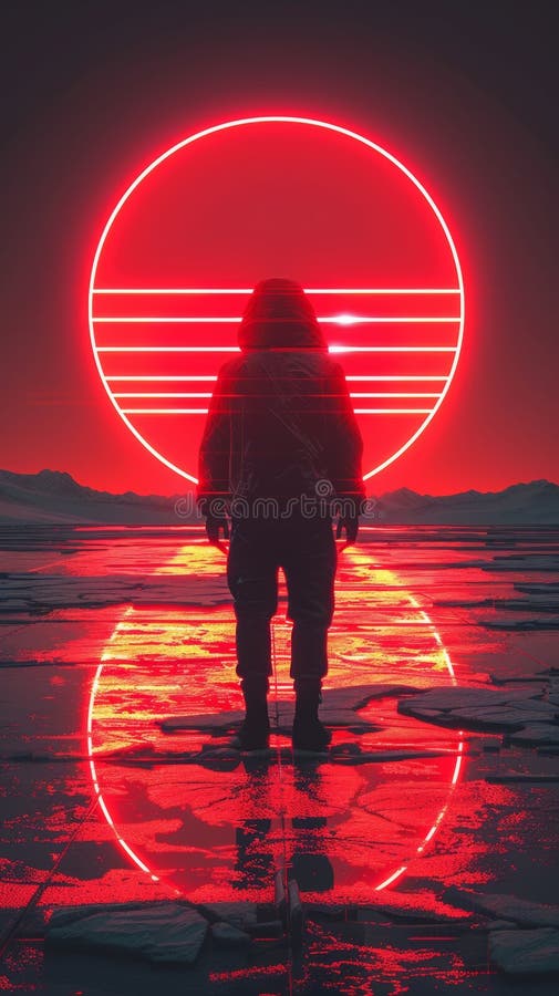 Silhouetted Figure Standing on Reflective Surface, Facing Large Red ...