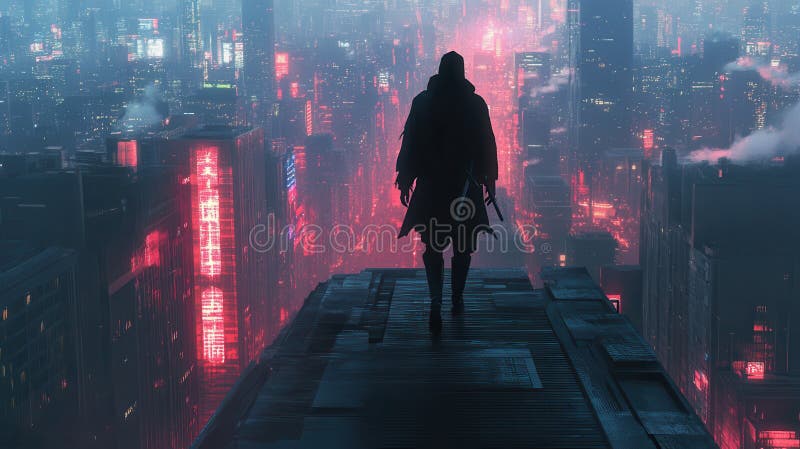 A Silhouetted Figure Stands on a Rooftop Overlooking a Neon-lit ...