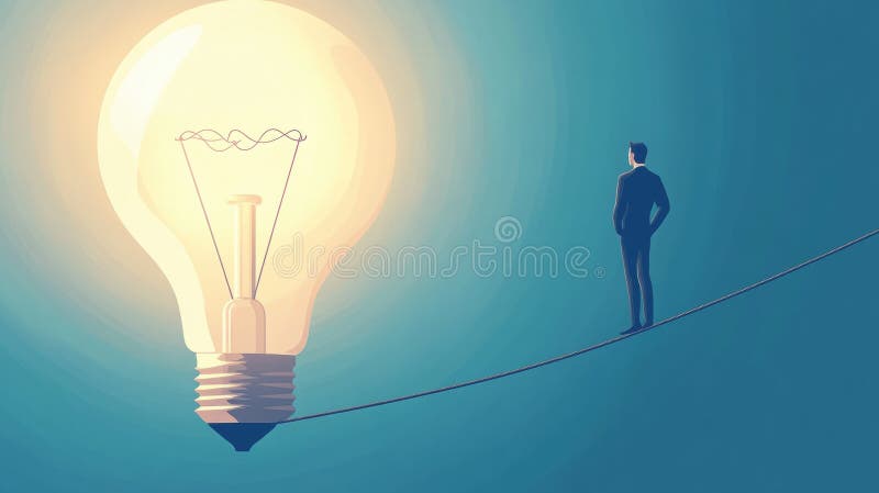 Silhouetted Figure Stands on a Wire Near a Glowing Light Bulb Stock ...