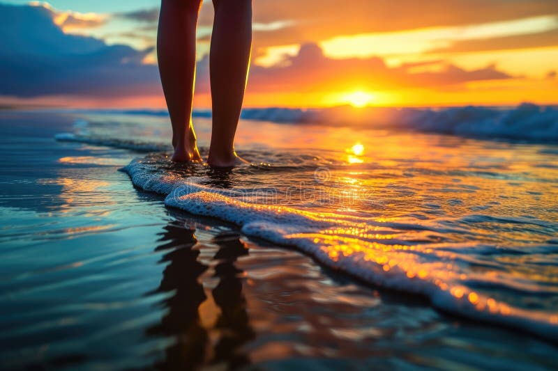 Silhouetted Figure at Sunset Beach. Stock Illustration - Illustration ...