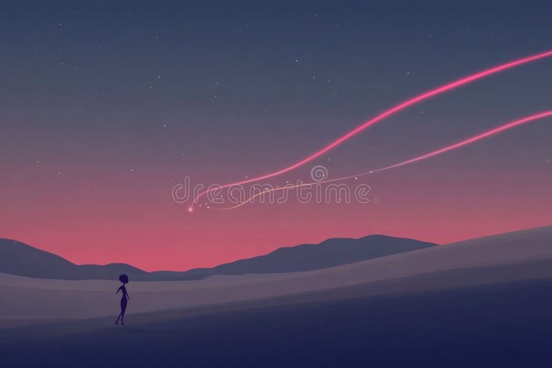 Silhouetted Figure Under a Starry Sky with Shooting Stars at Dusk Stock ...