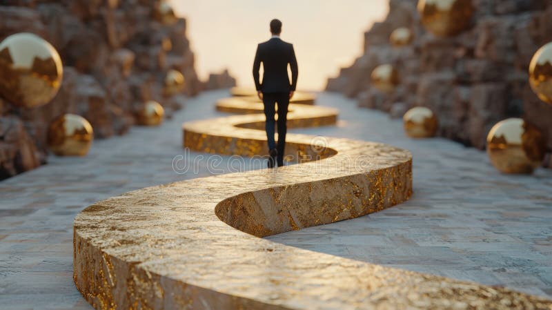 Silhouetted Figure Walking on Golden Path Stock Illustration ...