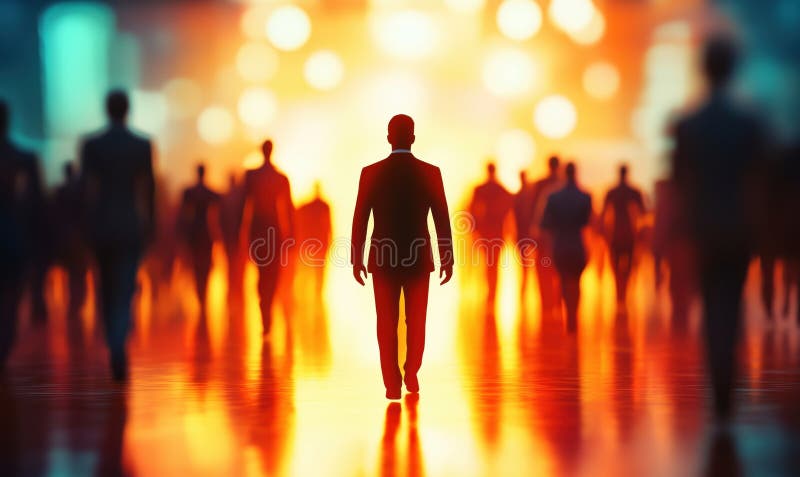 Silhouetted Figure Walking Towards Glowing Crowd in Vibrant Urban ...