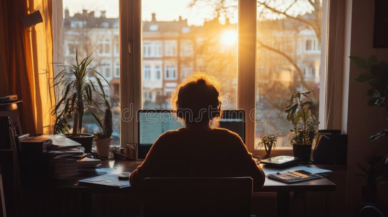 Silhouetted Figure Working at a Desk by a Window with Sunset View Stock ...