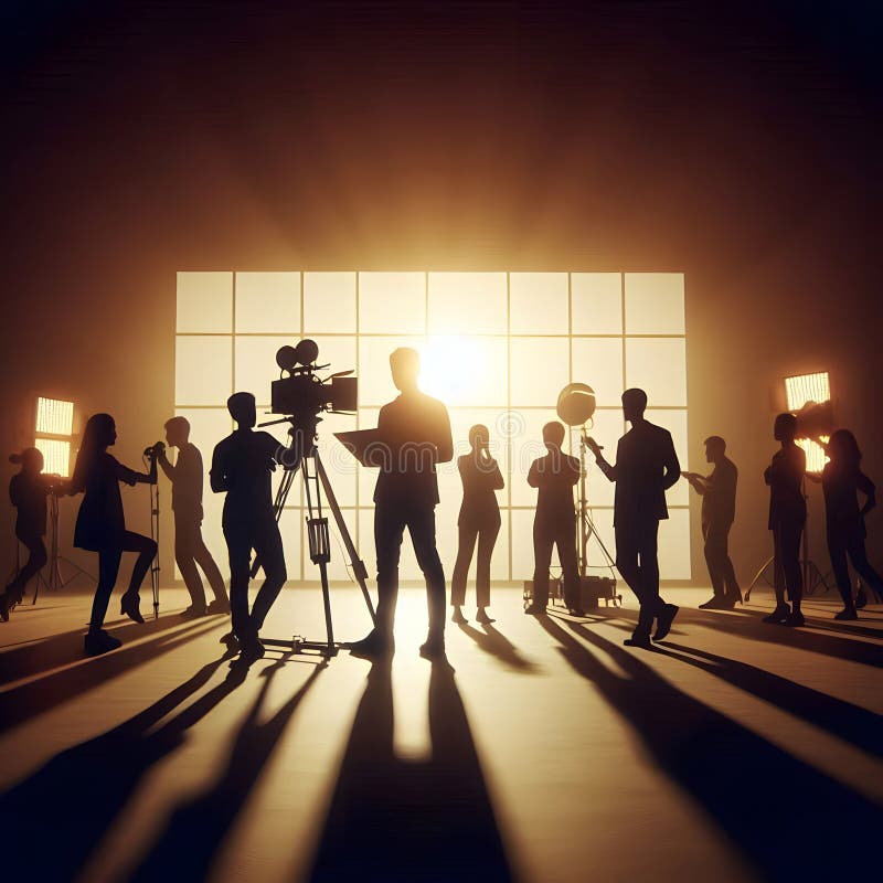 Silhouetted Figures Against a Backlit Screen with a Prominent Central ...