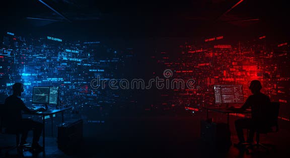 Silhouetted Figures at Computer Desks Face a Digital Display Projected ...