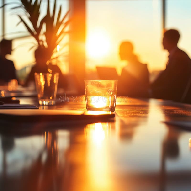 Silhouetted Figures in a Conference Room with Sunlight Streaming ...