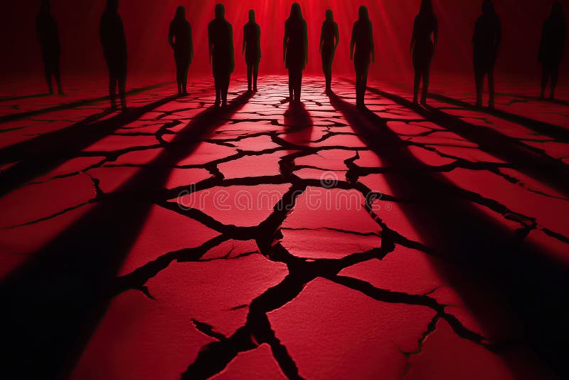 Silhouetted Figures on Cracked Earth, Bathed in Red Light, Evoke ...