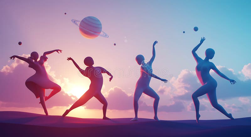 Silhouetted Figures are in Dynamic Dance Poses Against a Vibrant Sunset ...