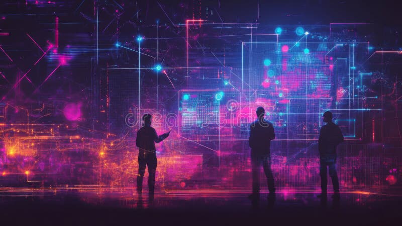 Silhouetted Figures Examining Vibrant Digital Data Network Stock ...