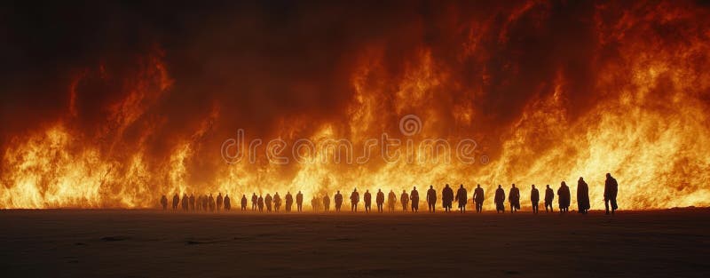 Silhouetted Figures Facing a Wall of Fire Stock Illustration ...