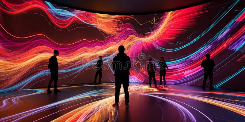 Silhouetted Figures in Immersive Wave Pattern Art Installation Stock ...