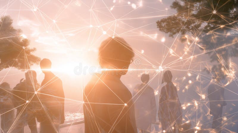 Silhouetted Figures with Interconnected Light Web at Sunset Stock ...