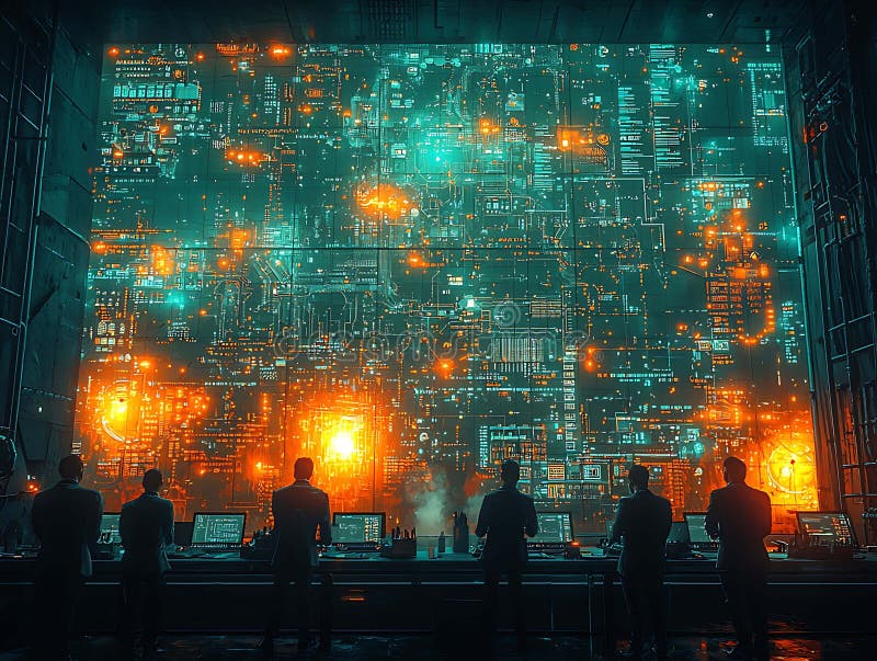 Silhouetted Figures Monitor a Sprawling, Futuristic Data Stream ...