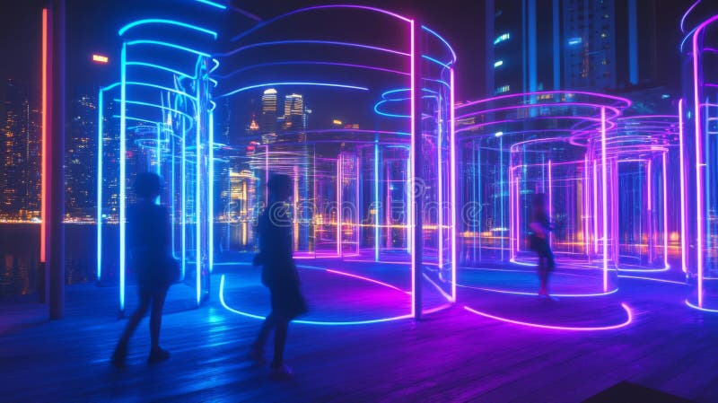 Silhouetted Figures in a Neon Light Art Installation at Night Stock ...