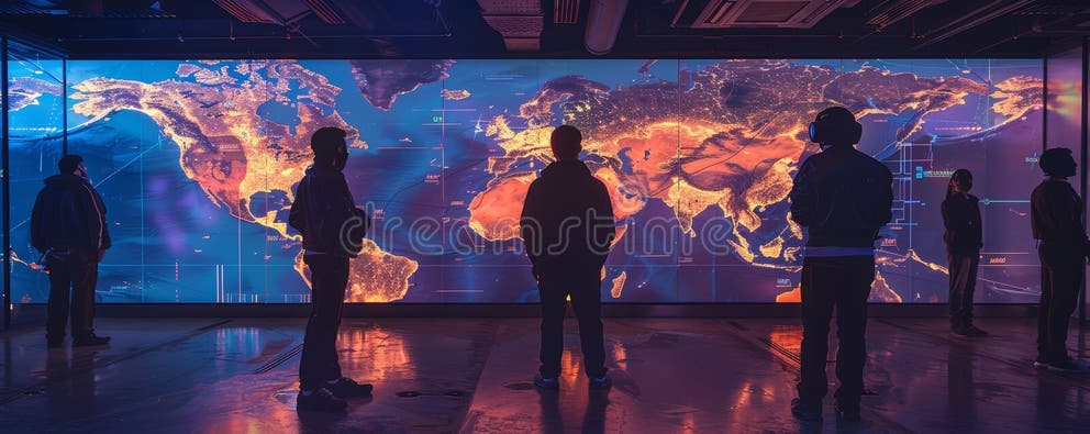 Silhouetted Figures Observing a Large Digital World Map Display in a ...