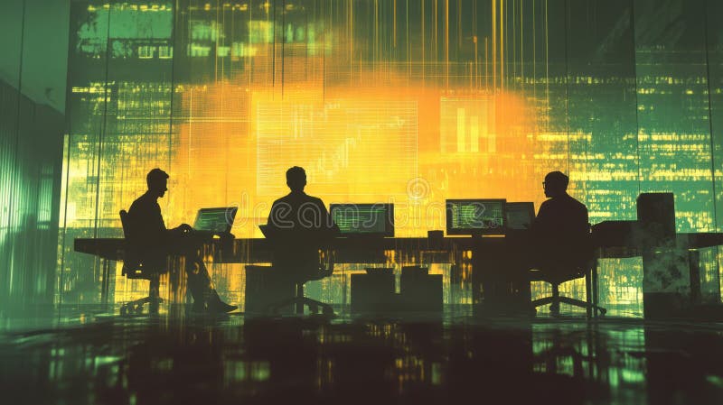 Silhouetted Figures in an Office Setting with Digital Displays and Data ...