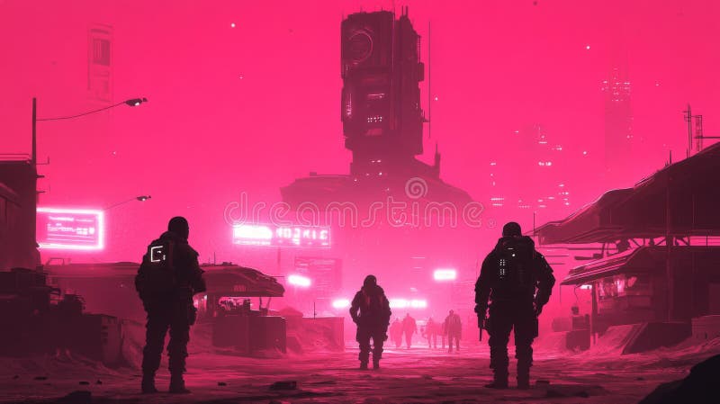 Silhouetted Figures in Pink Futuristic City at Night Stock Illustration ...
