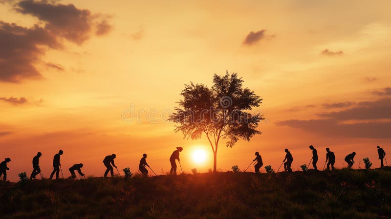 Silhouetted Figures Planting Trees at Sunset with a Tree in the ...