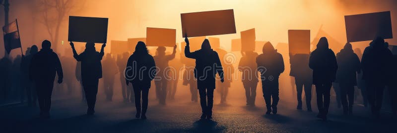 Protesters Gather in Fog with Banners Raised Against a Dramatic ...