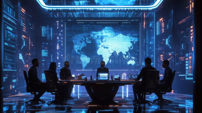 Silhouetted Figures Sit Around a Circular Table in a Dimly Lit ...