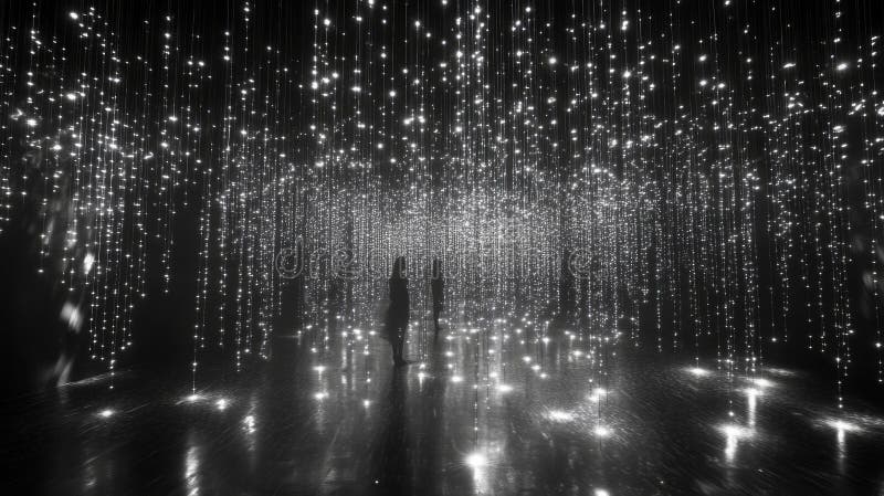 Silhouetted Figures in a Sparkling Light Installation Stock ...