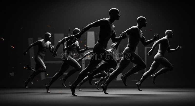 Silhouetted Figures Sprint in Unison Against a Dark, Moody Backdrop ...