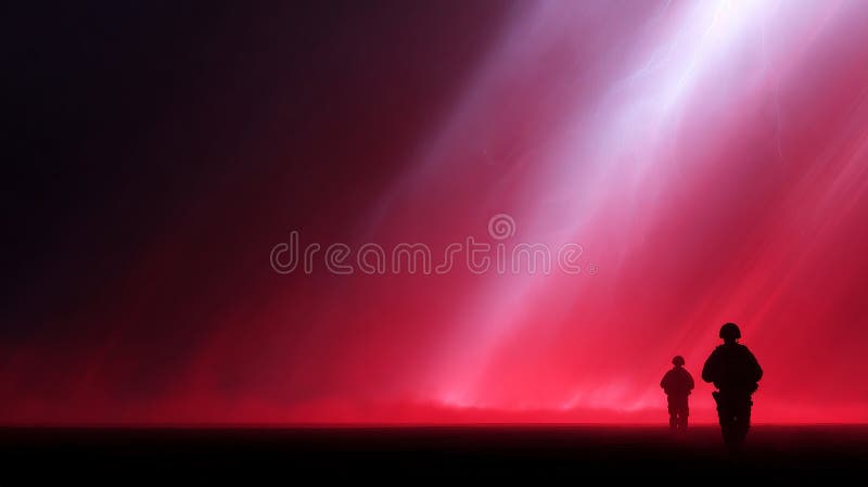 Silhouetted Figures Stand Against a Vibrant Backdrop. the Intense Red ...