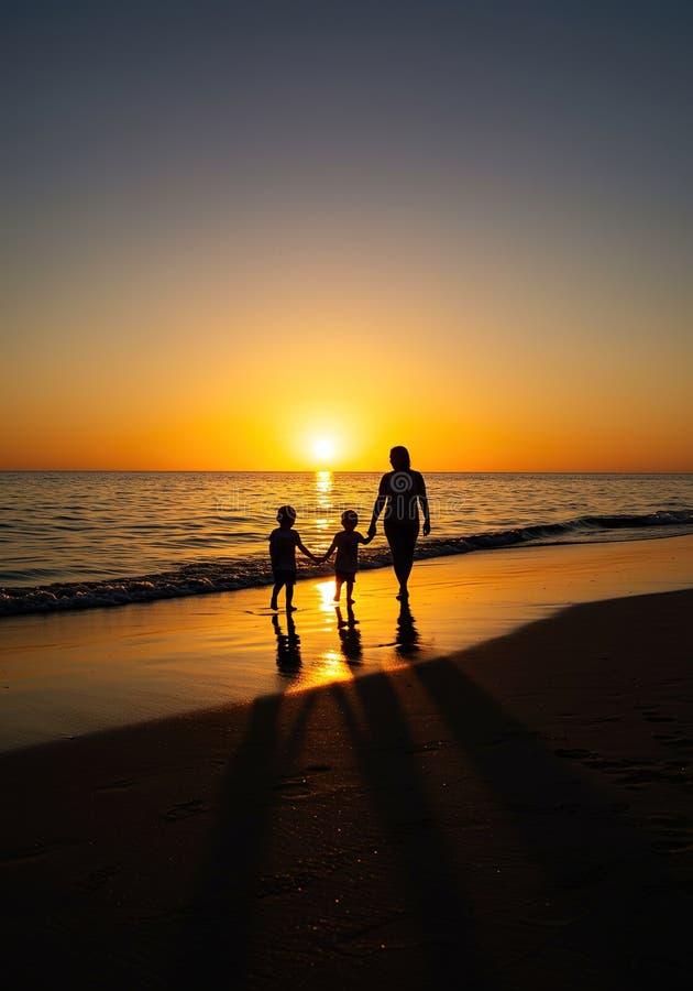 Silhouetted Figures Stand on a Beach at Sunset with Reflections in the ...