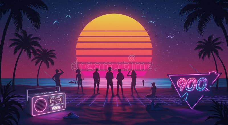 Silhouetted Figures Stand on a Grid-patterned Surface by a Tropical ...