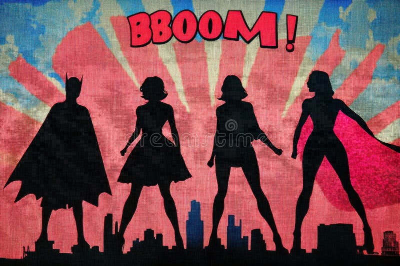 Silhouetted Figures Stand Guard Over City Skyline with Comic Book Style ...