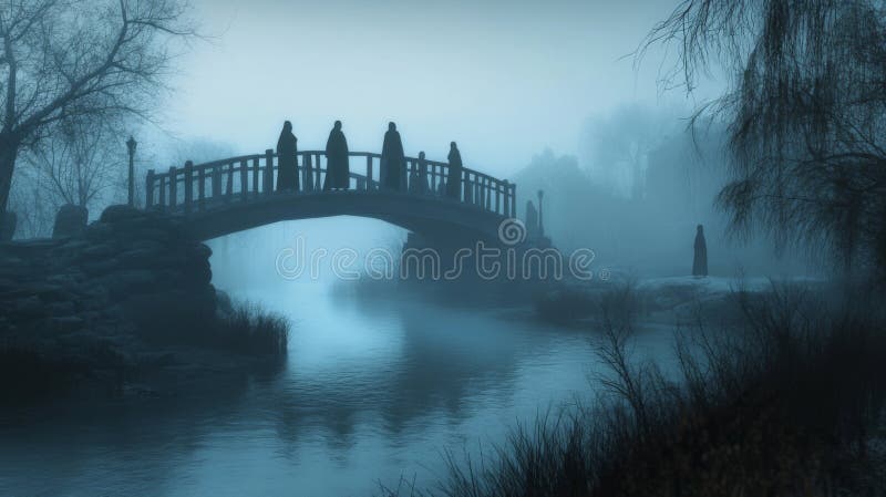 Silhouetted Figures Standing on a Bridge Over a Foggy River Stock ...