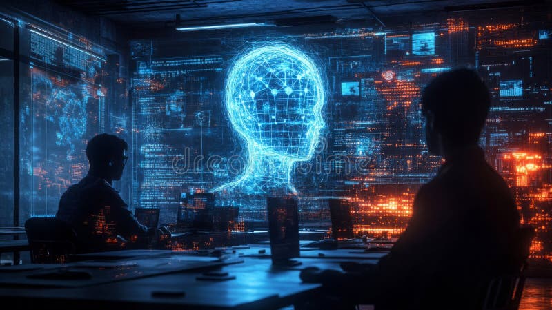 Silhouetted Figures Studying Glowing Digital Human Head in Dark Room ...