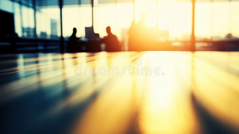 Silhouetted Figures in Sunlit Office Space with Blurred Abstract ...
