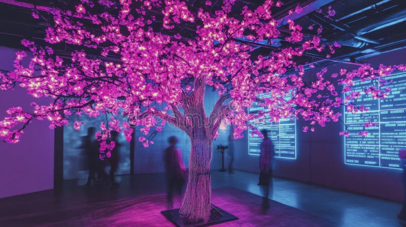 Pink Illuminated Tree Art Installation in Modern Interior Space Stock ...