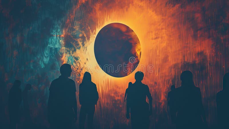 Silhouetted Figures Under a Solar Eclipse in a Vibrant Sky. Shadowed ...