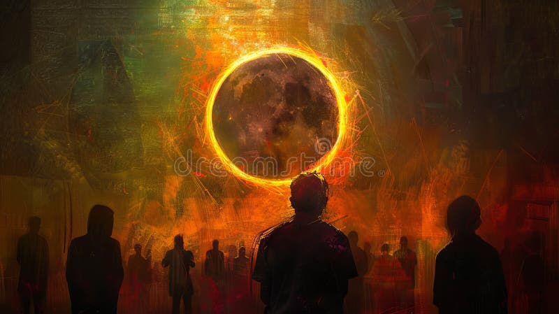 Silhouetted Figures Under a Solar Eclipse in a Vibrant Sky. Shadowed ...