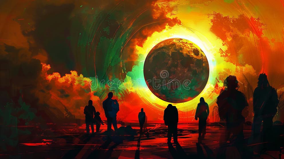 Silhouetted Figures Under a Solar Eclipse in a Vibrant Sky. Shadowed ...