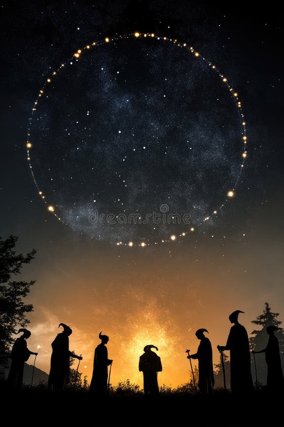 Silhouetted Figures Under Starry Sky and Celestial Ring at Dusk Stock Image - Image of dreamlike ...