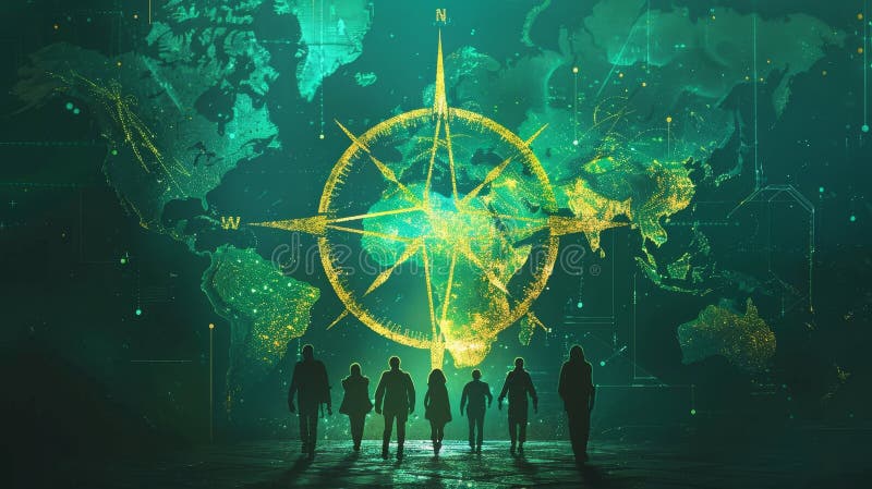 Silhouetted Figures Walk Towards a Large, Glowing Compass Rose ...