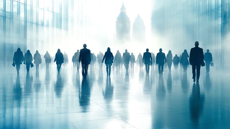 Silhouetted Figures Walking through a Busy Urban Environment with a ...
