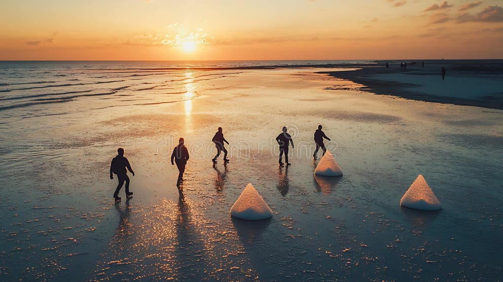 Silhouetted Figures Walking on Calm Sunset Beach with Ice Formations ...
