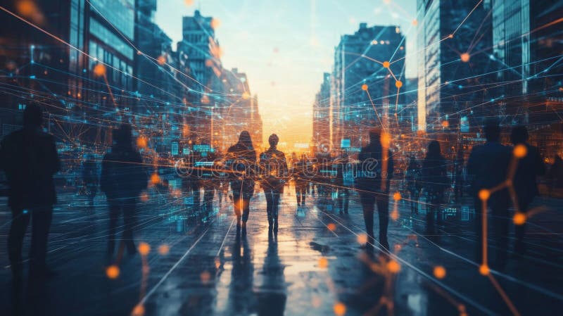 Silhouetted Figures Walking City Street Network Stock Illustration ...