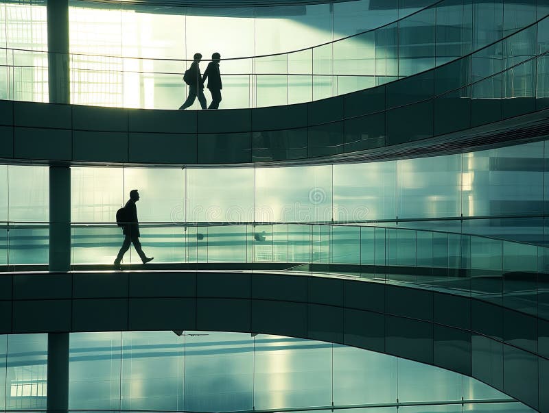 Silhouetted Figures Walking in Modern Glass Building Stock Image ...